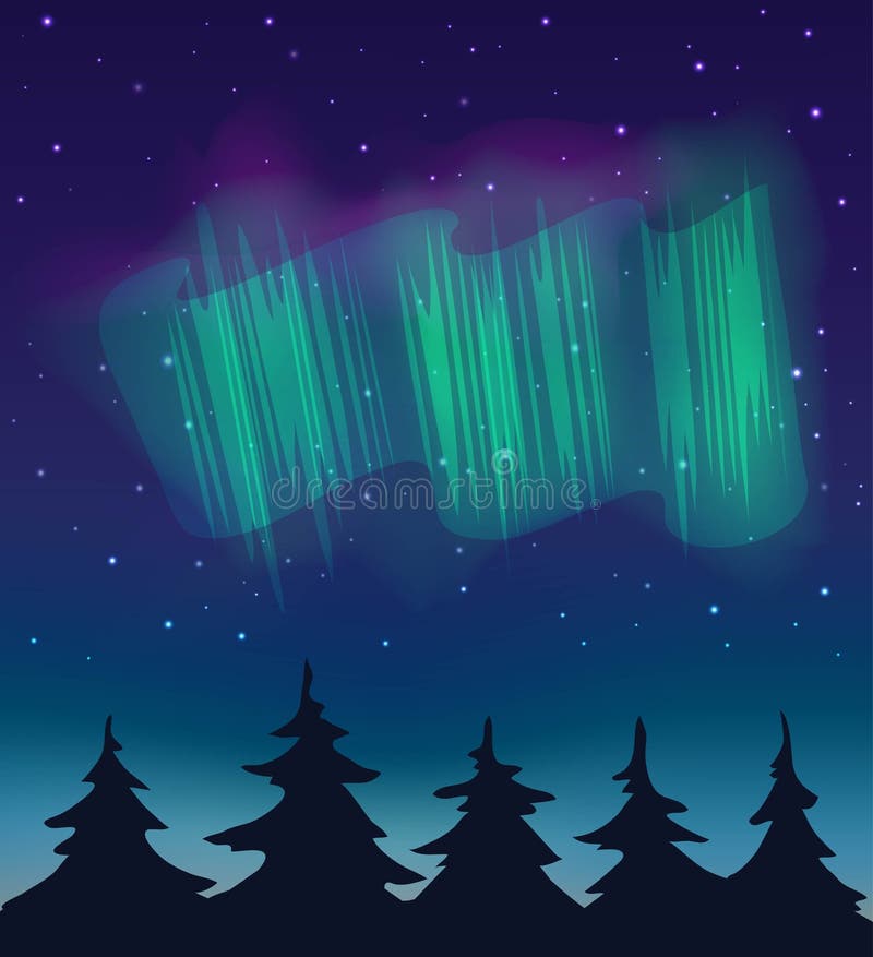 Vector Illustration. Forest and Night Sky with Stars and Northern Light ...