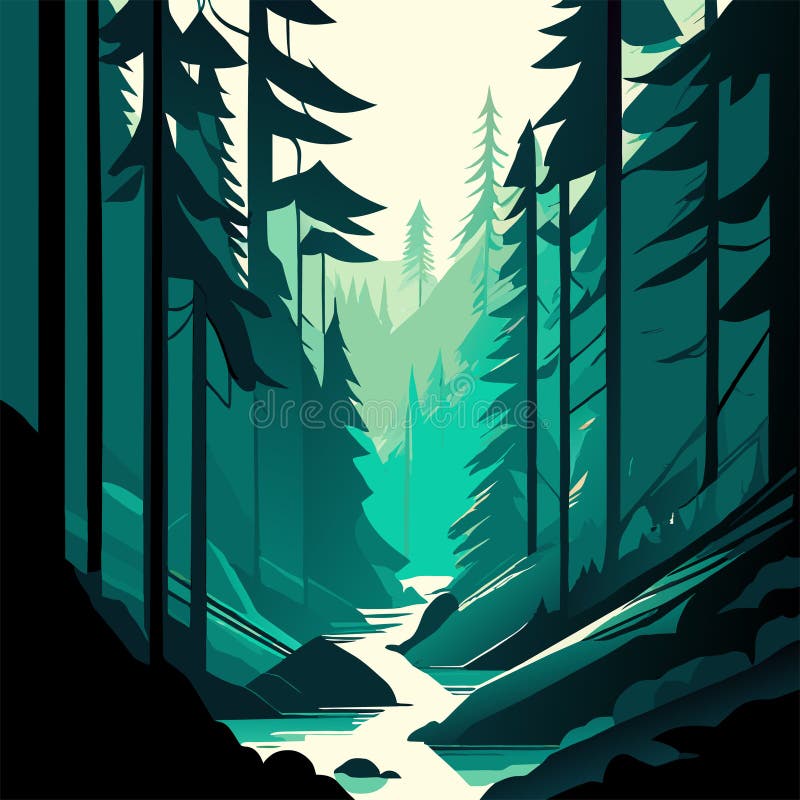 Vector Illustration of a Forest with a River Flowing through the Woods ...