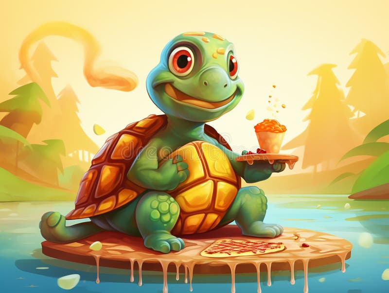 Turtle Pizza, No More Hungry, Mascot Character of a Turtle Holding a ...