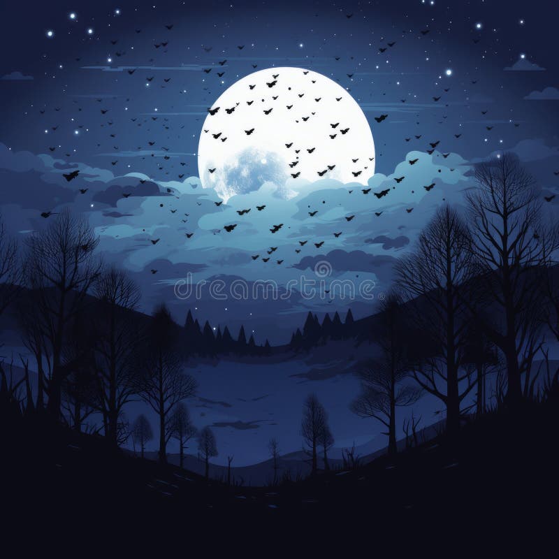 Vector Illustration of a Full Moon with Birds Flying Over a Forest at ...