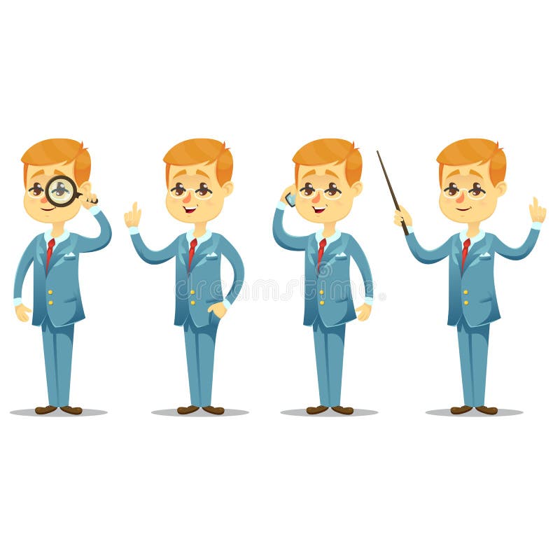 Vector Illustration Funny Cartoon Guy With Glasses In Various Poses Handsome Young Businessman