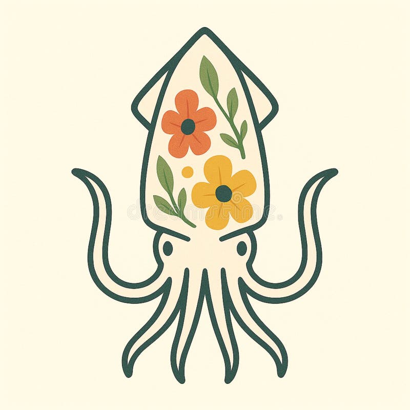 Vector Illustration of a Funny Squid with Yellow and Red Flowers and a ...