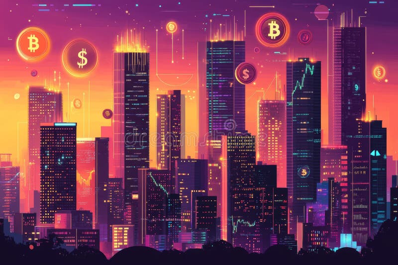 Vector Illustration of a Futuristic City with Skyscrapers, Coins ... Vector Illustration of a Futuristic City with Skyscrapers, Coins ...