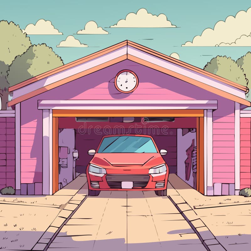 Vector Illustration of a Garage with Red Car on the Road. Cartoon Style ...