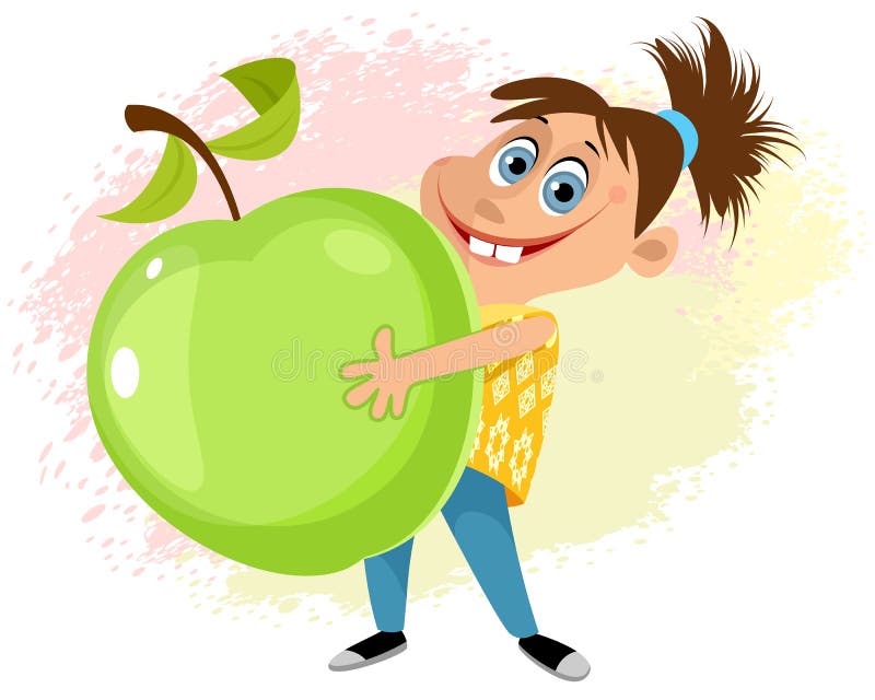 Little Girl Eating Green Apple Stock Illustration - Illustration of ...