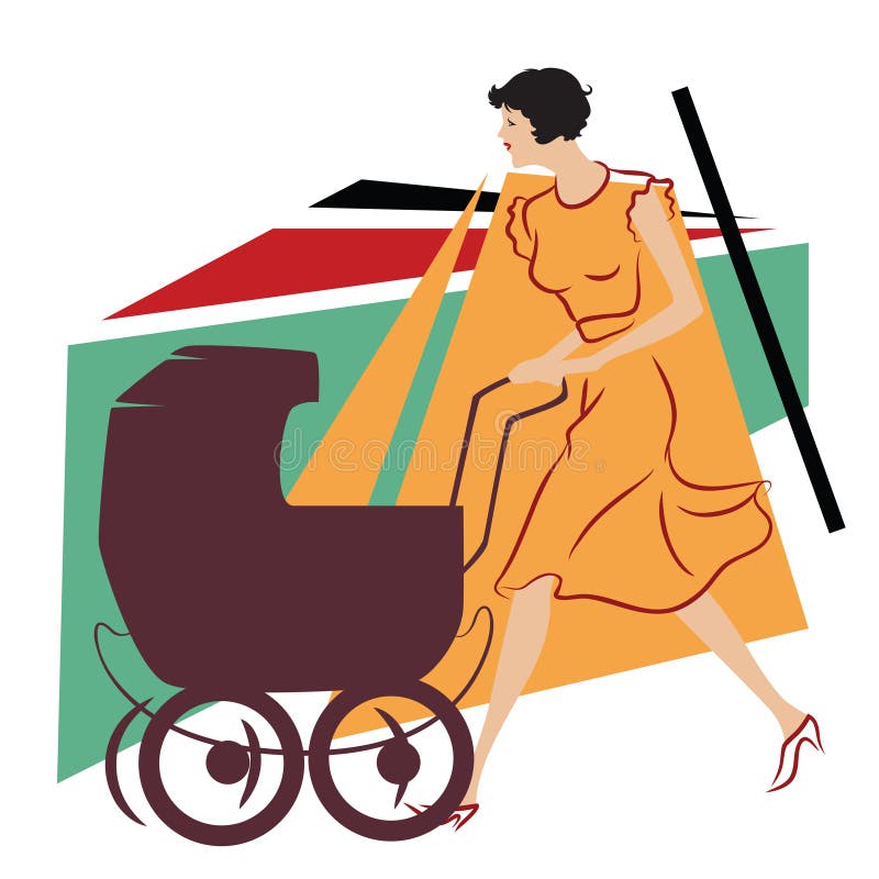 Vector Illustration. Girl with a Stroller for a Walk Stock Vector ...