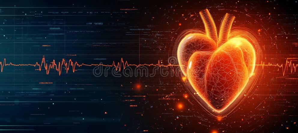 Vector Illustration of Glowing Human Heart with Dynamic ECG Waveform on ...