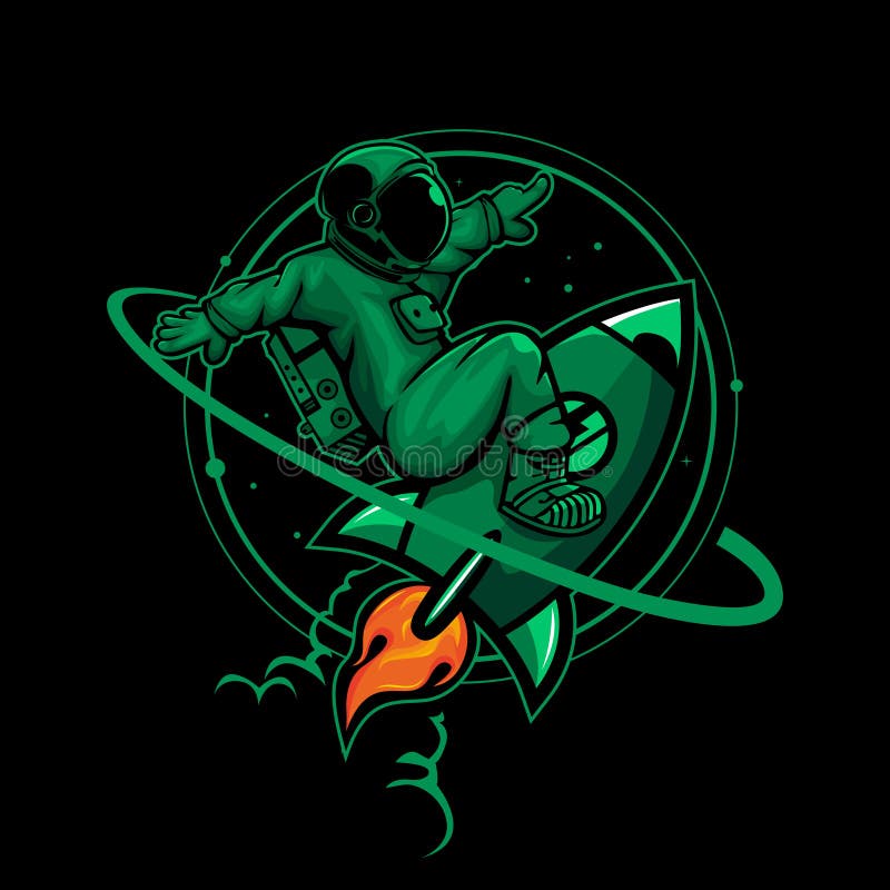 Vector Illustration of Green Astronaut Taking Off into Space on a ...