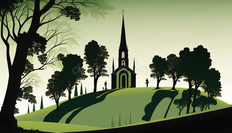 Vector Illustration of a Green Landscape with Trees and Church in the ...