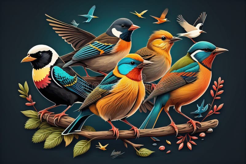 Vector Illustration of a Group of Colorful Birds Sitting on a Branch ...