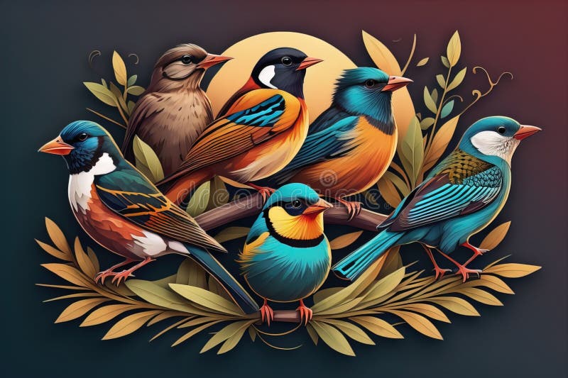 Vector Illustration of a Group of Colorful Birds Sitting on a Branch ...