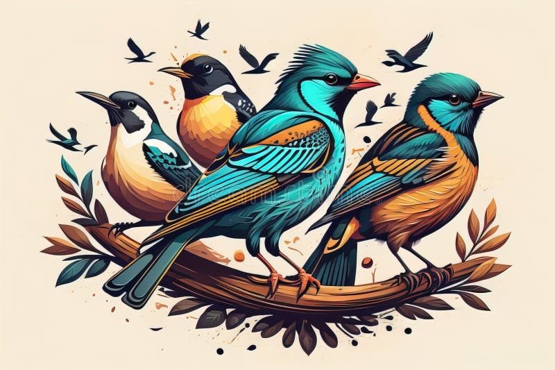 Vector Illustration of a Group of Colorful Birds Sitting on a Branch ...
