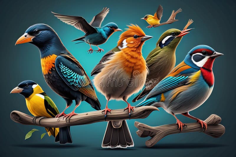 Vector Illustration of a Group of Colorful Birds Sitting on a Branch ...
