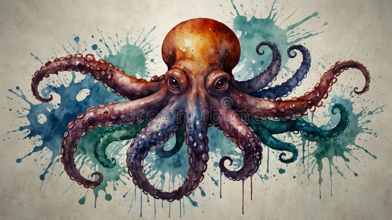 Vector Grumpy Octopus, Paint Blots Stock Illustration - Illustration of ...