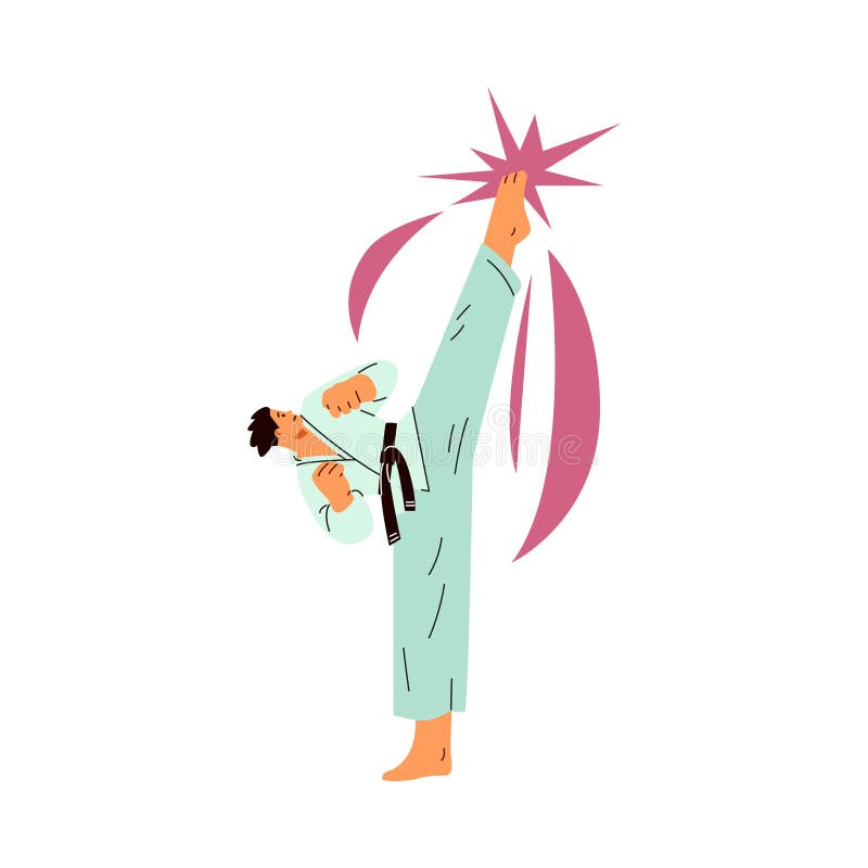Vector Illustration of a Guy in a Kimono Training a Powerful Kick in a ...