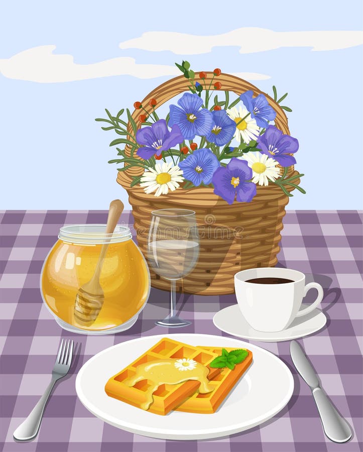 Vector Illustration of Hand Drawn Breakfast with Coffee, Waffles and ...