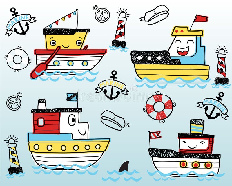 Vector Illustration of Hand Drawn Funny Ship Cartoon, Sailing Elements ...