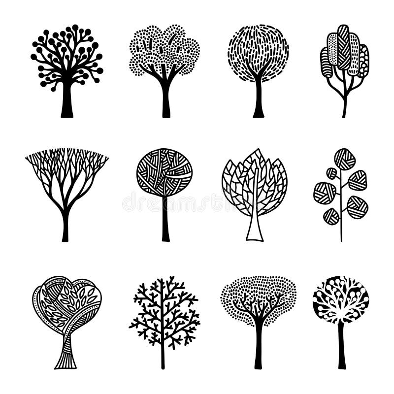 Vector Illustration. Hand-drawn Tree Set. Stock Vector - Illustration ...