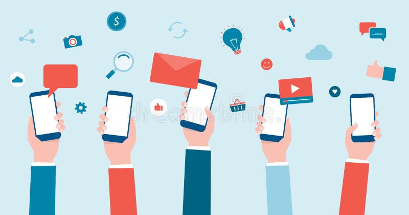 Vector Illustration Hand Hold Mobile and People Use Mobile for Business ...