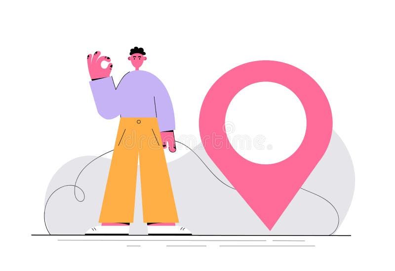 Vector Illustration. a Handsome Guy Stands Next To a Large Map Pointer ...