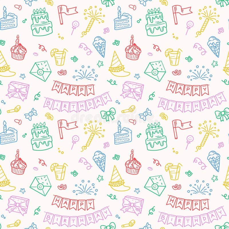 Vector Illustration Happy Birthday Party Doodle Seamless Pattern. Stock ...