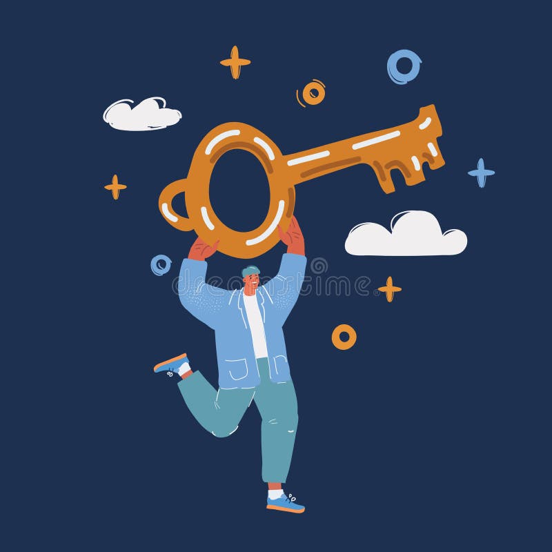 Vector Illustration of Happy Businessman with Big Key. Solution Concept ...