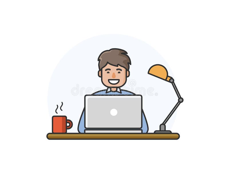 Vector Illustration of Happy Man Working on Computer. Stock Vector ...