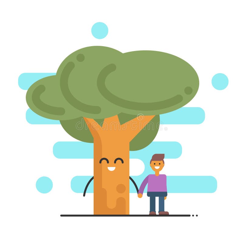Vector Illustration of Happy Tree and Young Man Holding Hands. Stock ...