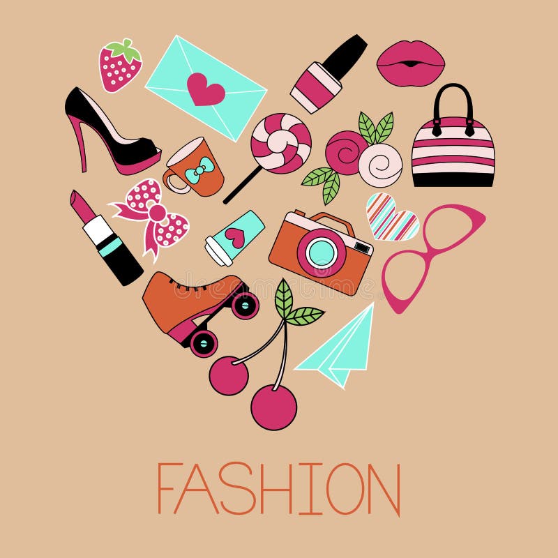 Vector Illustration of Heart Shape Glamorous Items Stock Vector ...