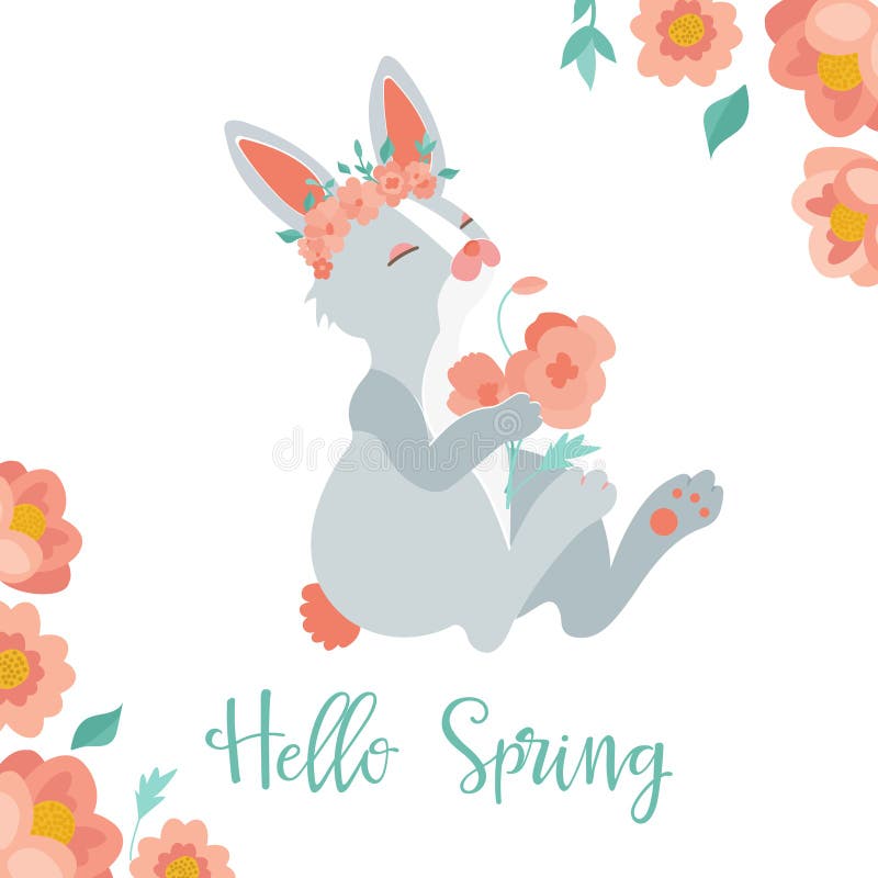 Vector Illustration. Hello Spring Card with Rabbit Stock Vector ...