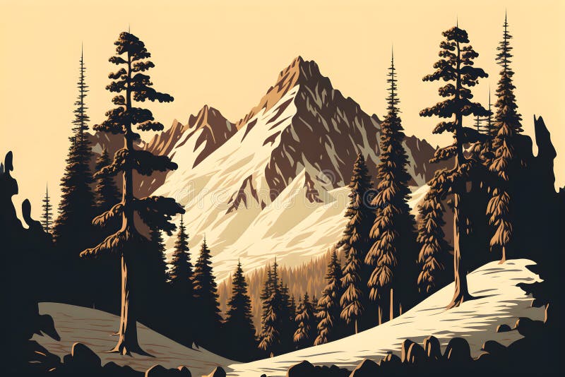 Vector Illustration of a High Mountain with Pine Trees and Greenery ...