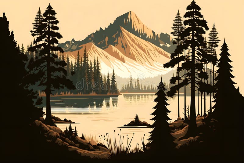 Vector Illustration of a High Mountain with Pine Trees and Greenery ...