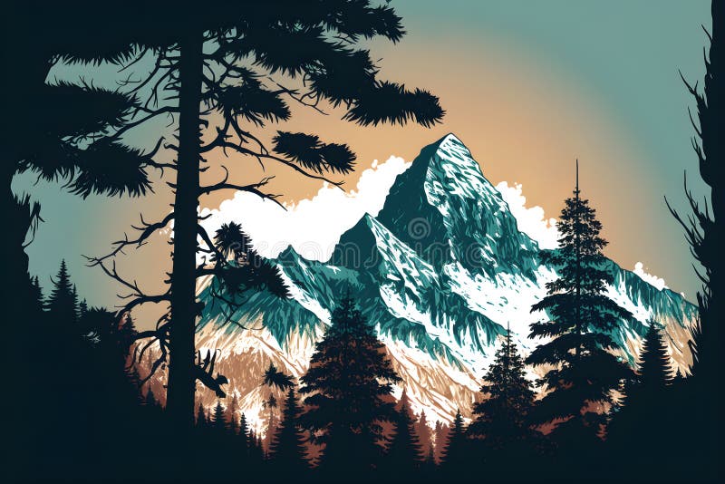 Vector Illustration of a High Mountain with Pine Trees and Greenery ...