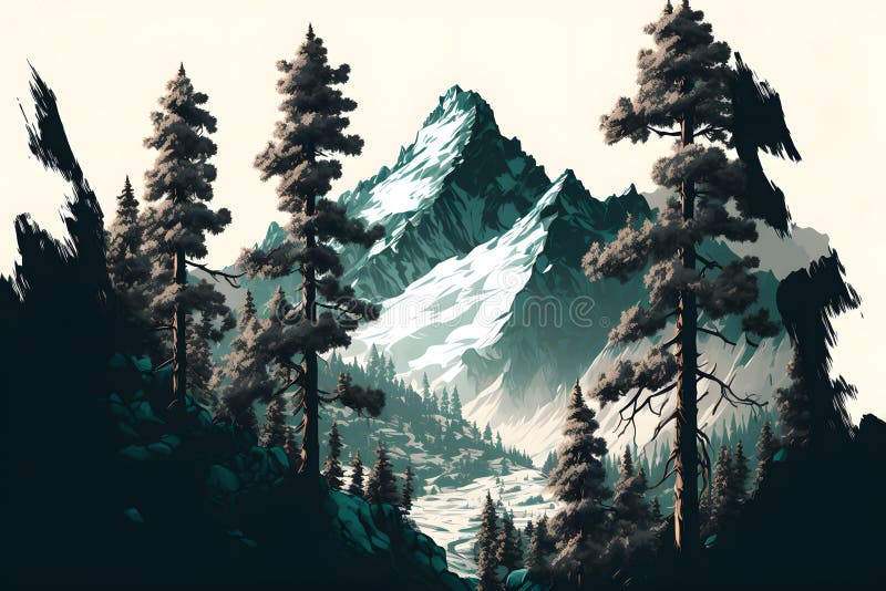 Vector Illustration of a High Mountain with Pine Trees and Greenery ...