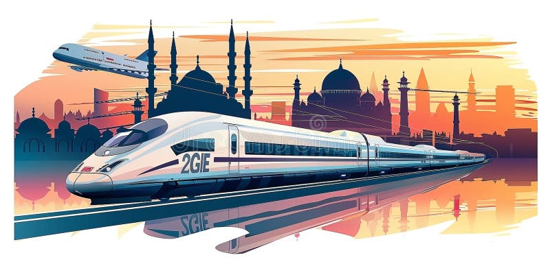Vector Illustration of High-Speed Train with Iconic Landmarks at Sunset ...