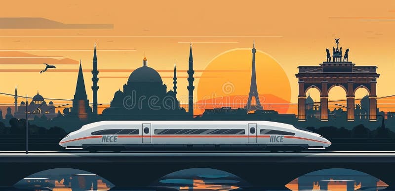 Vector Illustration of High-Speed Train with Iconic Landmarks at Sunset ...