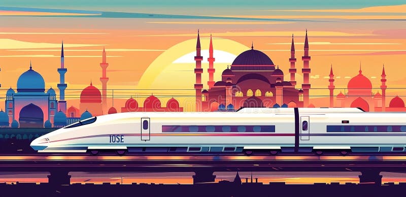 Vector Illustration of High-Speed Train with Iconic Landmarks at Sunset ...