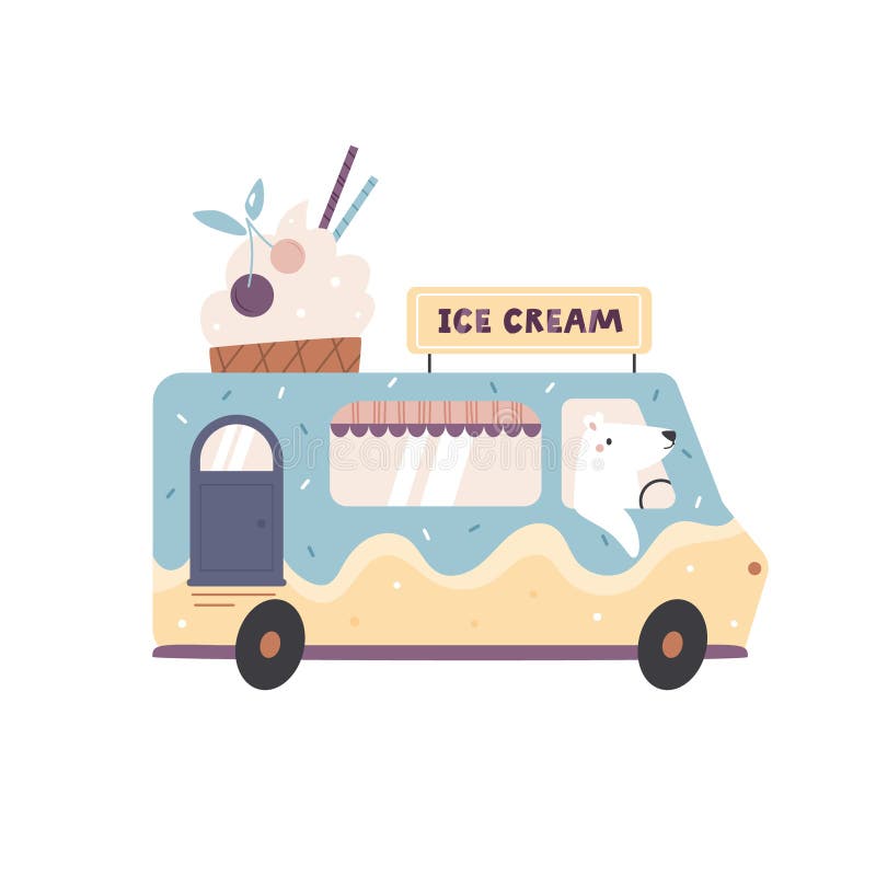 Vector Illustration of Ice Cream Bus with a Polar Bear Driver Stock ...