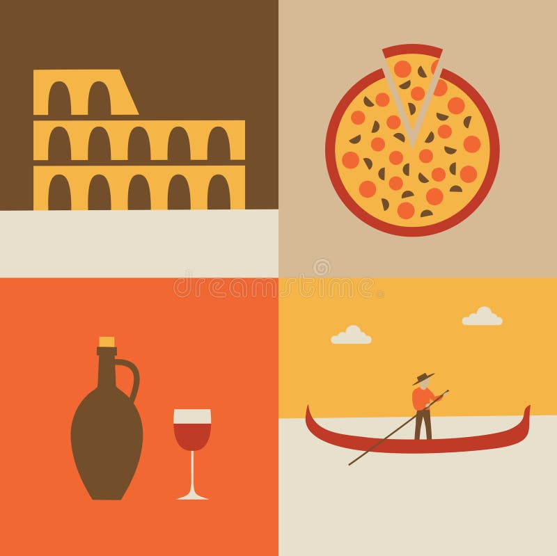 Vector Illustration Icon Set of Italy: Flag, Coliseum, Pizza, Gondolier ...