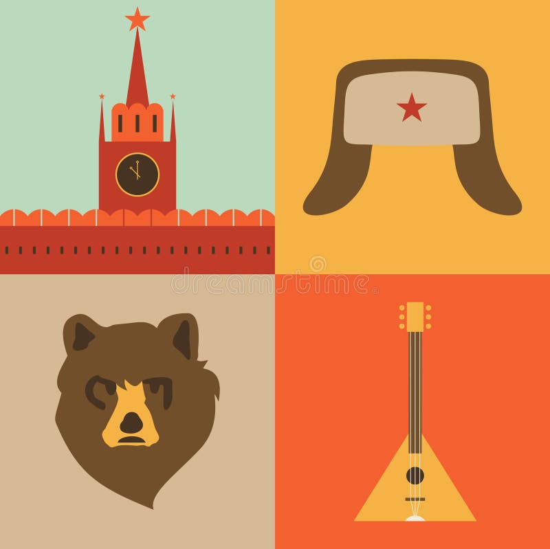 Vector Illustration Icon Set of Russia: Red Square, Hat, Bear, Music ...