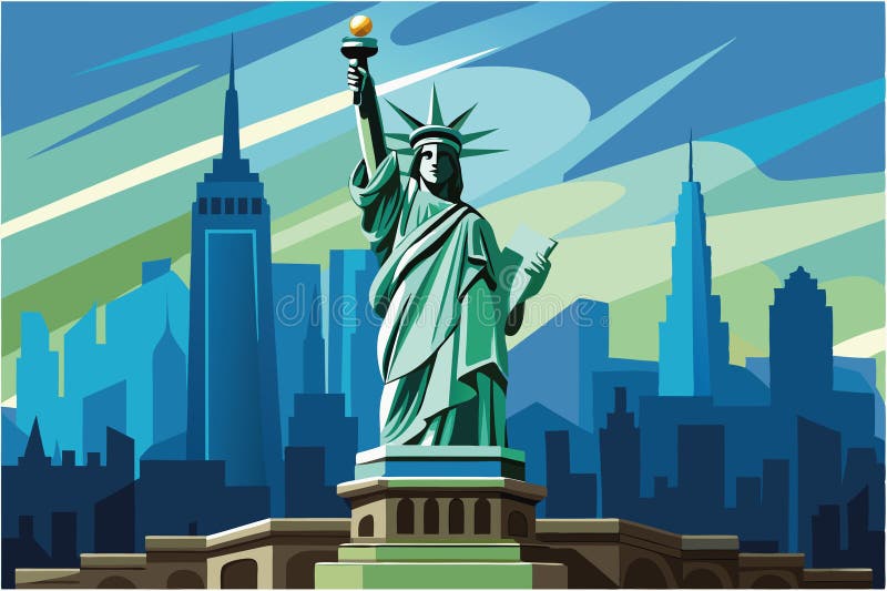 Statue of Liberty Prominently Set Against the Backdrop of an Intricate ...