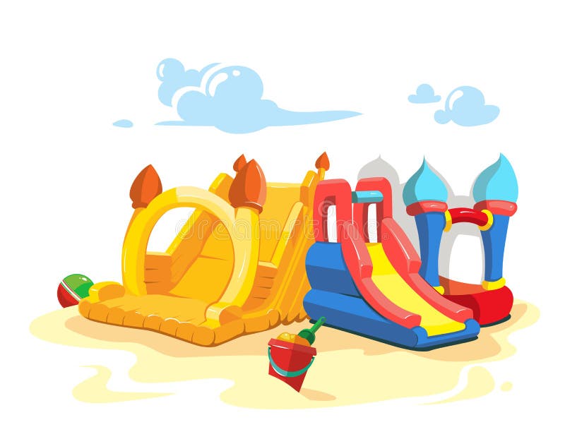 Vector Illustration of Inflatable Castles and Children Hills on ...