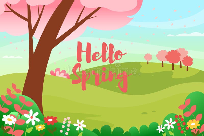 Spring Morning Landscape in Bloom. Vector Illustration with an ...
