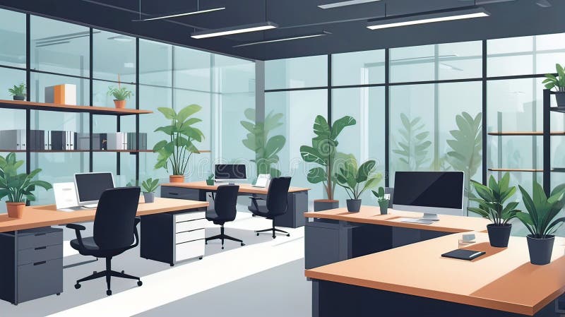 Vector Illustration, Interior of Modern Office with Tables, Office ...