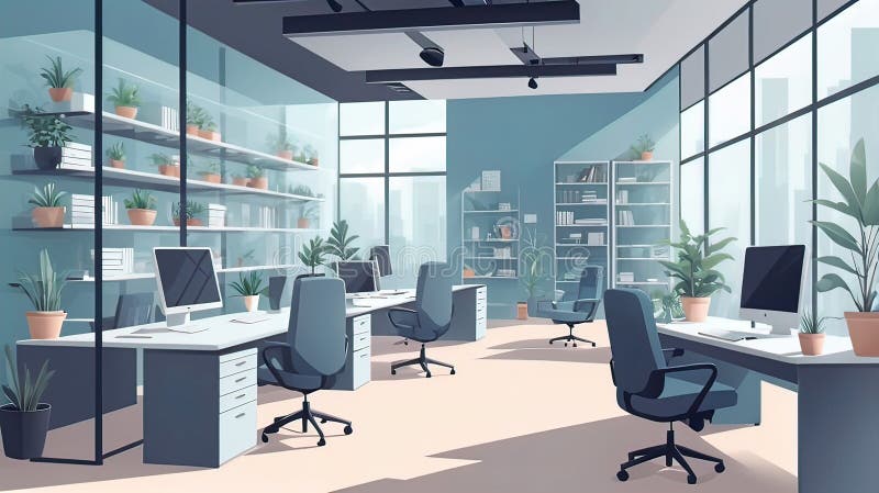 Vector Illustration, Interior of Modern Office with Tables, Office ...