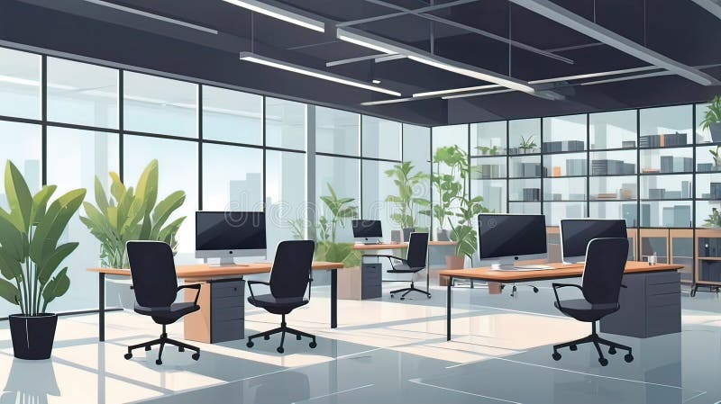 Vector Illustration, Interior of Modern Office with Tables, Office ...
