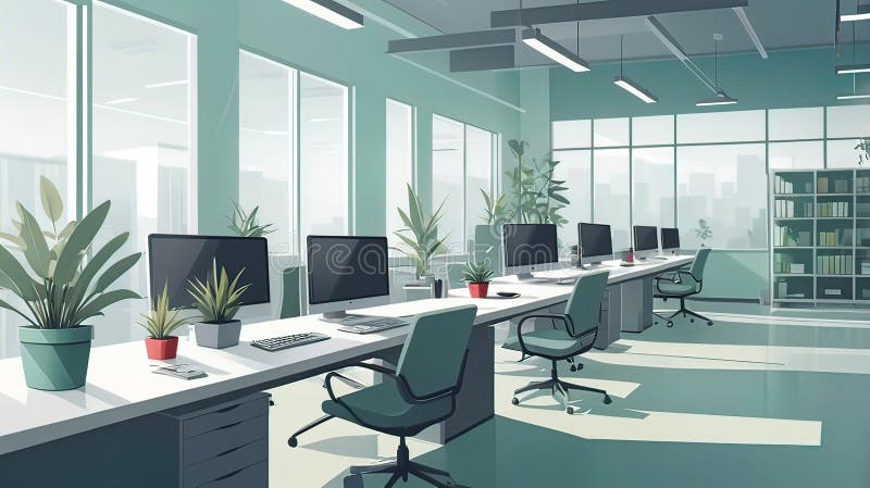 Vector Illustration, Interior of Modern Office with Tables, Office ...