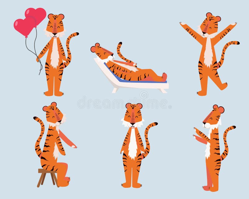 Tiger Set in Different Poses Stock Vector - Illustration of drawing ...