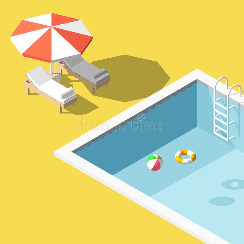 Vector Illustration Isometric Low Poly Chaise Lounges in Swimming Pool ...