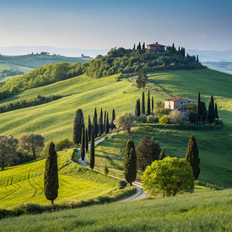 Vector Illustration of Italian Countryside Hills and Cypress Trees ...